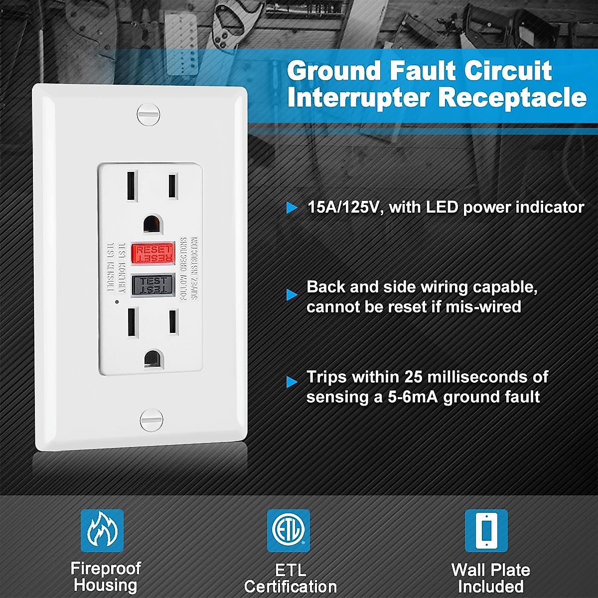 (10 Pack) UNIELE Non-Tamper Resistant GFCI Receptacle Outlet, 15 Amp Ground Fault Circuit Interrupter, GFI Outlets with LED Indicator, Wallplate Included, ETL Listed