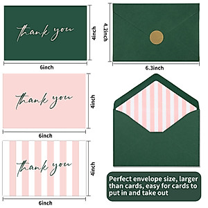 AZAZA Thank You Cards with Envelopes Striped 24 Pcs, Pink Thank You Cards Bulk Baby Shower Girl, Wedding Thank You Cards Green and Pink, Blank Thank You Notes for Bridal Shower