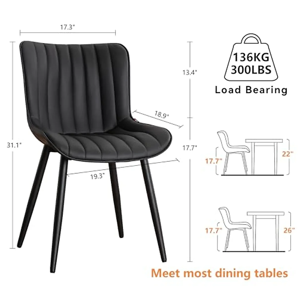 YOUNUOKE Black Dining Chairs Set of 2, Faux Leather Upholstered Kitchen & Dining Room Chairs with Back, Mid Century Modern Minimalist Accent Chair Armless for Guest Reception Waiting Living Room