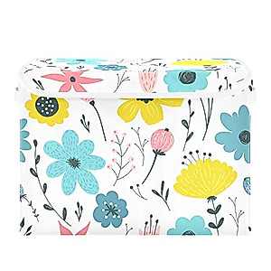 Kigai Storage Basket Cute Flower Storage Boxes with Lids and Handle, Large Storage Cube Bin Collapsible for Shelves Closet Bedroom Living Room, 16.5x12.6x11.8 In