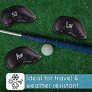 All Teed Up Premium Magnetic Leather Iron and Wedge Golf Club Head Covers | Set of 10 | Fits Most Clubs | Embroidered Club Label on Both Sides of Club Head Cover