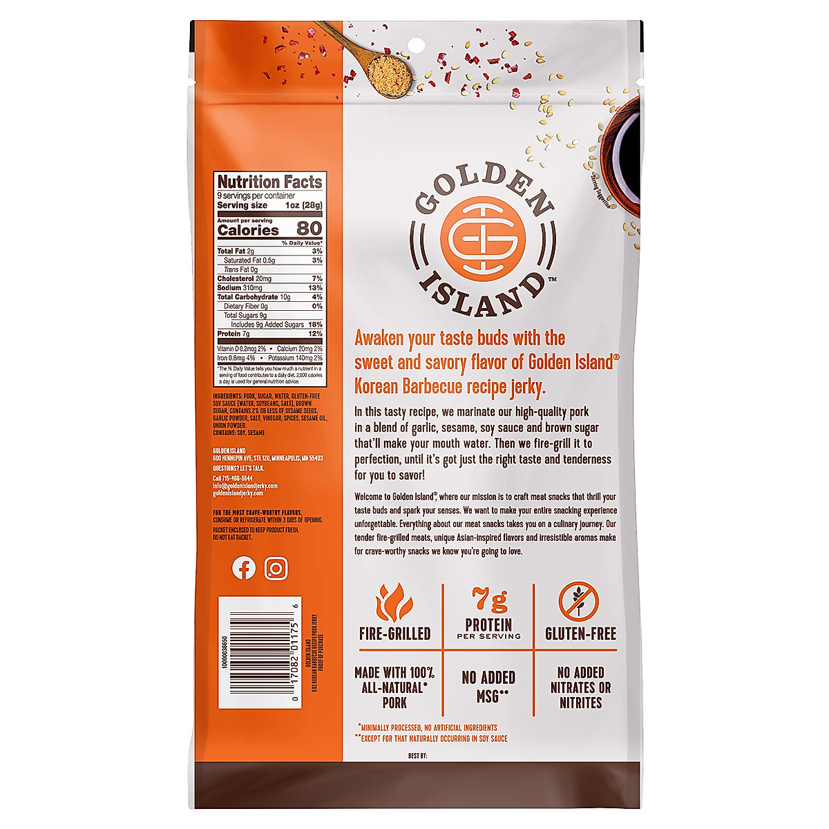 Golden Island Pork Jerky Korean Barbecue – Gluten Free Protein Snack, Korean BBQ Flavor, Made with 7g of Protein Per Serving – 9 Oz (Pack of 2)