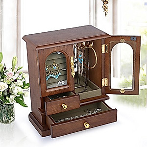 Kendal Wooden Jewelry Box for Women, Solid Jewelry Holder Organizer, Mothers Day Gifts, Wood Jewelry Case with Mirror for Necklaces, Earring, Rings (2 Side Door, Brown)