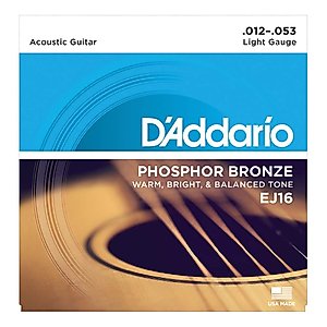 D'Addario EJ16x5 (5 sets), Acous Guit Strings, Phos/Brnz Rnd Wnd, Light (.012-.053).