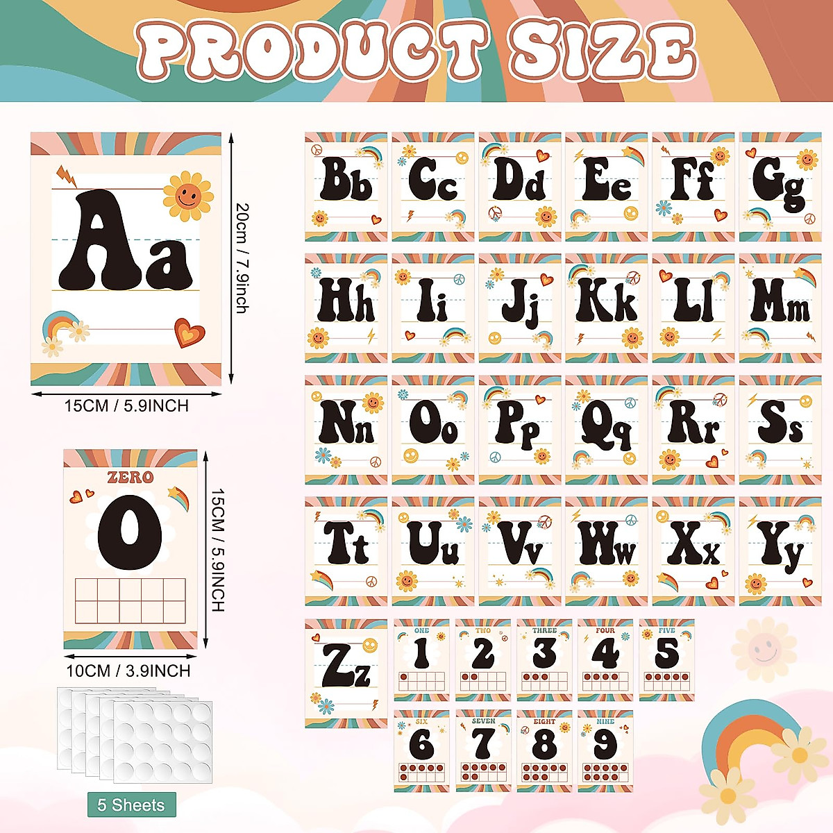 36Pcs Retro Classroom Alphabet Number Bulletin Board Set, Groovy ABC Alphabet Card and 0-9 Number Posters Decor with Glue Point for Preschool Kindergarten Classroom and Teachers Wall Decorations