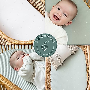POPPI & MAX 100% Organic Cotton Bassinet Sheets for Boy Girl | 3-Pack Premium Jersey Bassinet Sheet Set | Fitted Baby Sheets for Standard Bassinet Pads | Bassinet Cover | Misty Sage Star Spot Stripe