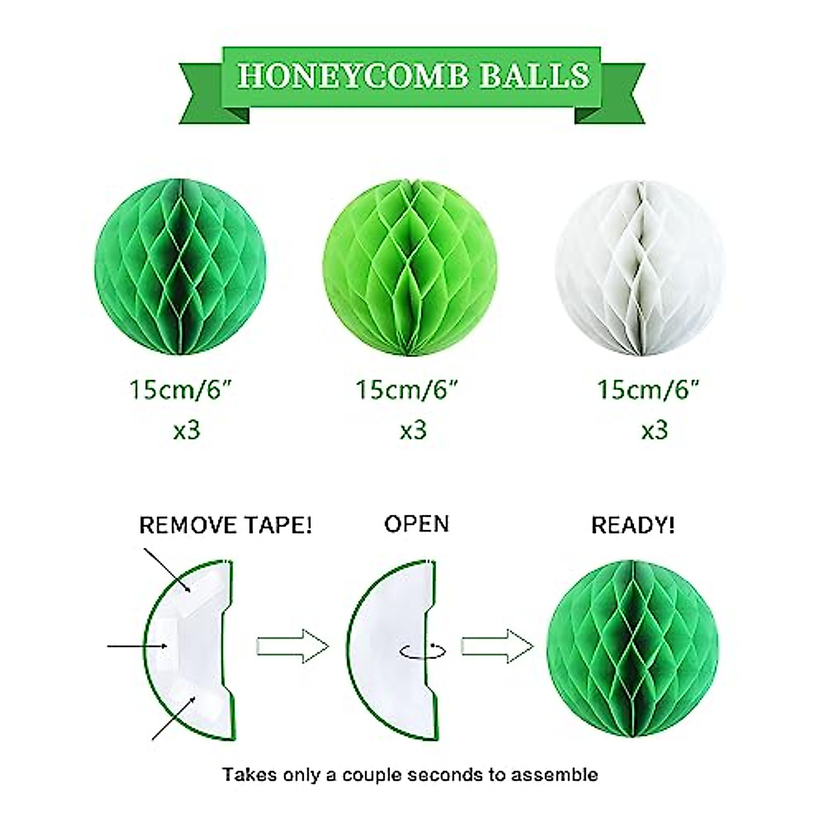 LITAUS, Birthday Decorations, NO DIY - Pack of 20 | Green Happy Birthday Banner, Honeycomb Balls, Swirls, Garland | Happy Birthday Decorations | Birthday Party Decorations