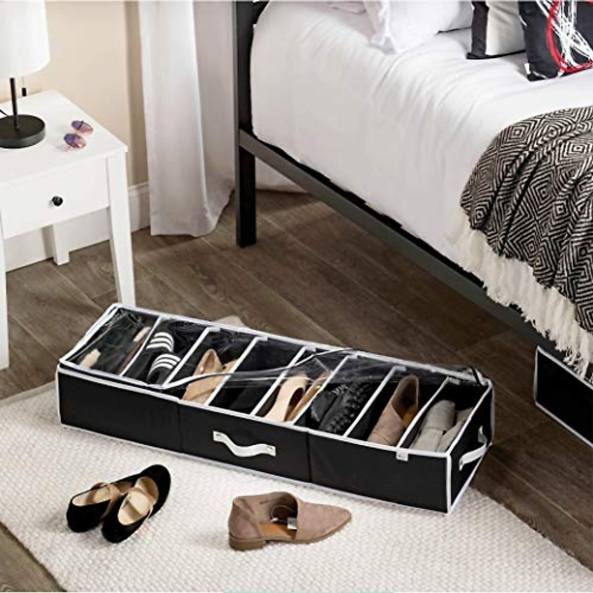 ZOBER Under Bed Shoe Storage Organizer (8 Pairs) Under Bed Storage for Shoes, Customizable Slots for Boots, Clothes Blanket/Comforter Underbed Shoe Storage Containers with Handles (Black)