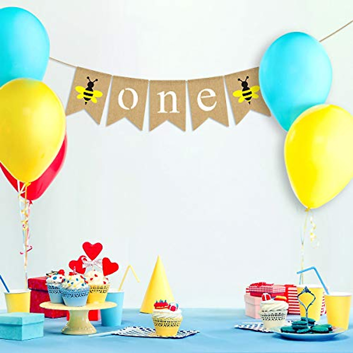 Rainlemon Jute Burlap Bumble Bee One High Chair Banner Baby Boy Girl 1st Birthday Party Highchair Decoration