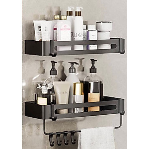 Shower Caddy - No-Drill Aluminum Bathroom & Home Decor Shelf, Wall Mounted Dual Corner Shelf with Hooks - Rustproof Stainless Steel In Matte Black Finish - Adhesive Bathroom Shower Caddy.