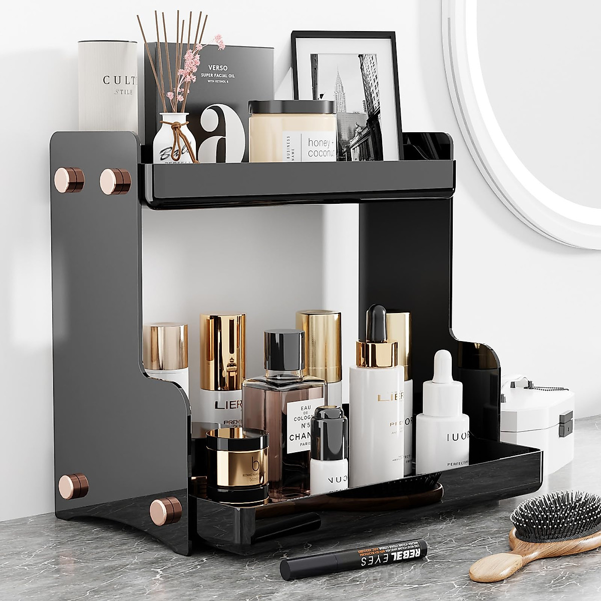 2 Tier Bathroom Counter Organizers And Storage, for Vanity, Kitchen, Office Countertop Organizer, Bathroom Counter Shelf, Double Countertop Makeup Organizer, Vanity Trays for Bathroom (Black)