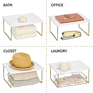 mDesign Metal Stacking Storage Organization for Shelves Inside Cabinet in Kitchen, Pantry, Cupboard, Fridge/Freezer, Organizer Stand for Plates, Bowls, Mugs, Ligne Collection, 4 Pack, White/Soft Brass