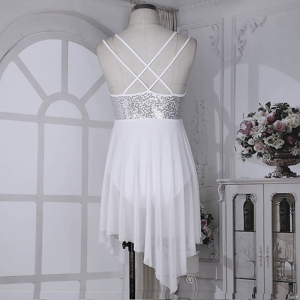 YiZYiF Women's Adult Lyrical Dance Leotard Costume Sequins Overlay Trianglar Cut Skirt Dancewear White X-Large