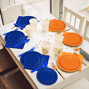 Wiooffen 96 Pcs Orange and Blue Birthday Party Plates Napkins Dart War Party Supplies Tableware Disposable Orange Blue Paper Dinnerware Decoration for Baby Shower Birthday Party, 24 Guests