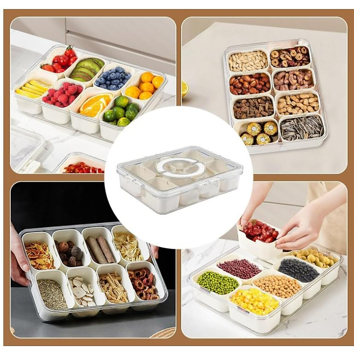 Generic Divided Food Snack Box with Lid and Handle | 8 Removable Compartments | Snackle Box | Portable Snack Platter, Clear