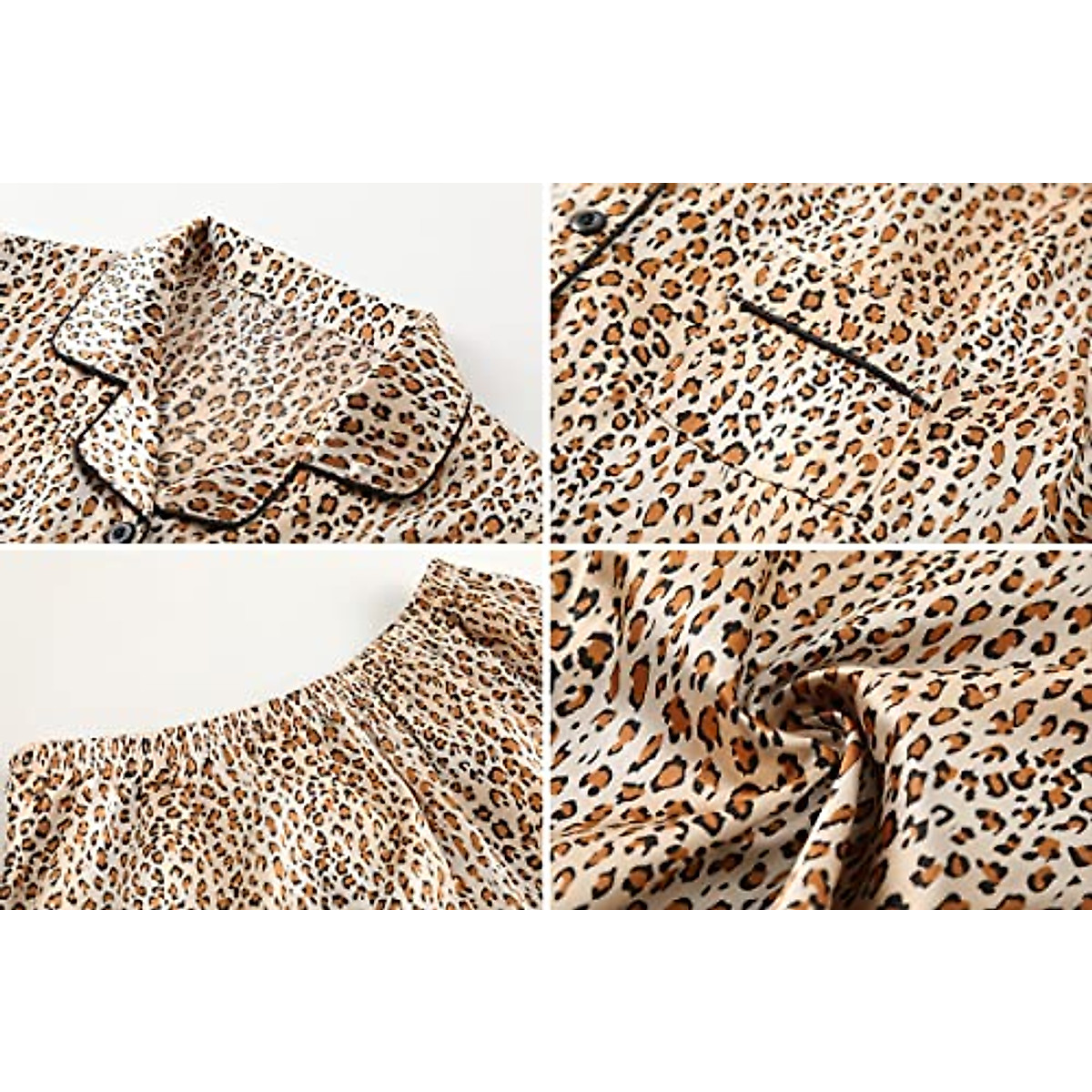 Umeyda Women's Short Sleeve Sleepwear Button Down Silk Satin 2 Piece Pajama Set, Leopard White, Small