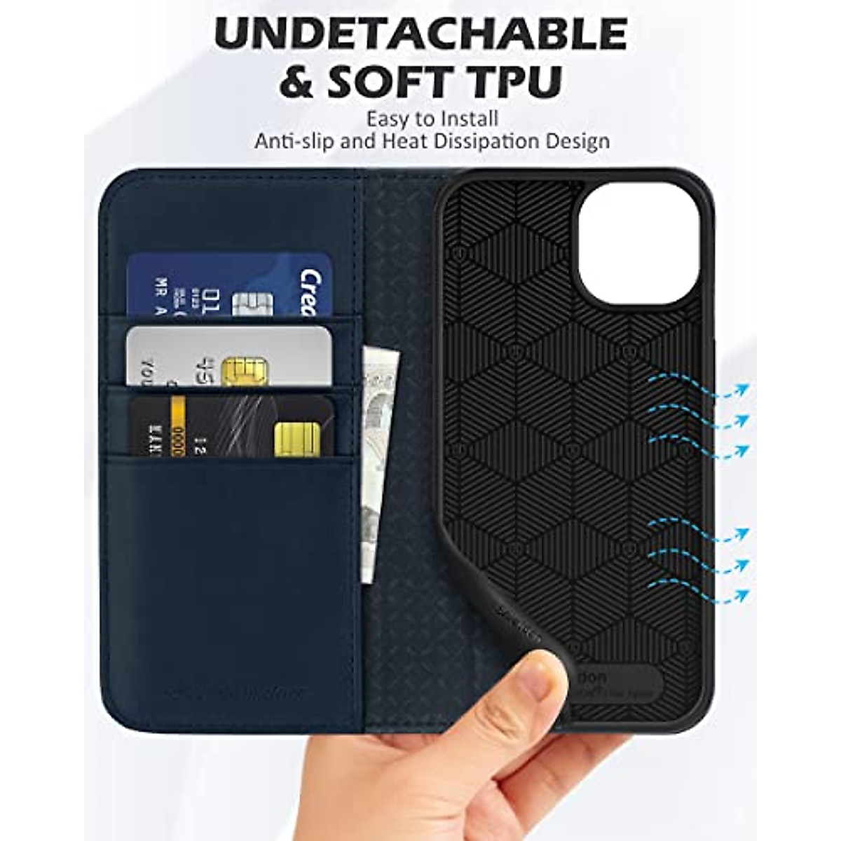 SHIELDON Case for iPhone 13 6.1", Genuine Leather iPhone 13 Wallet Folio Case with Kickstand RFID Blocking Card Holder Magnetic Full Protection Shockproof Case Compatible with iPhone 13 5G - Navy Blue