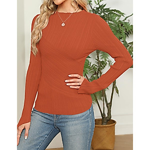 HAEOF Womens 2023 Fall Lightweight Sweaters Long Sleeve Thermal T Shirts Trendy Ribbed Fitted Dressy Casual Tops(RustRed, M)