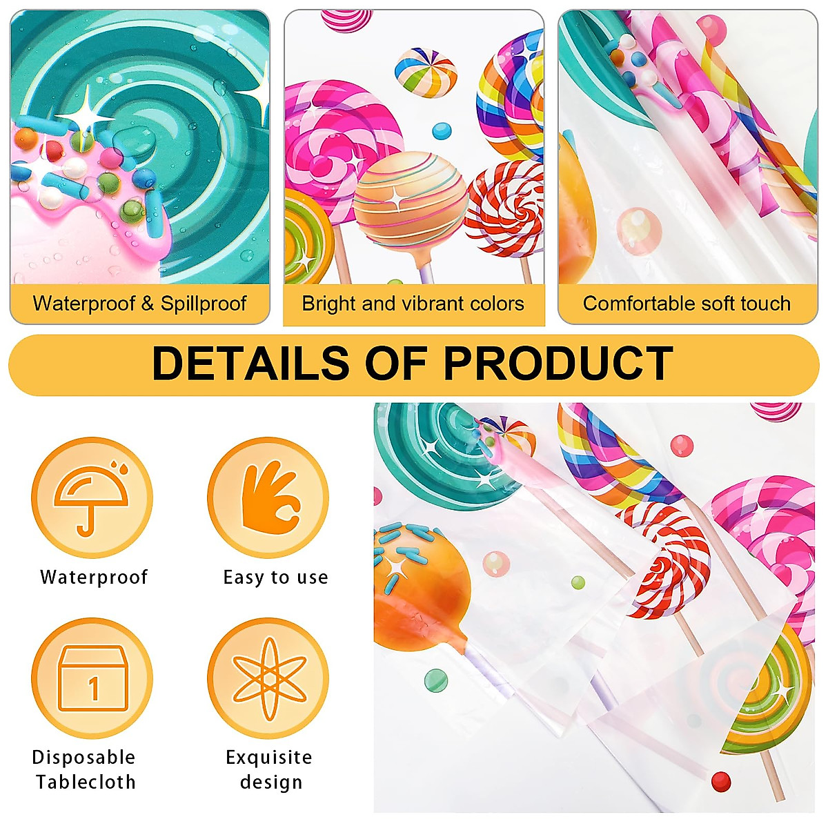 PHOGARY Sweet Candyland Tablecloth, 3 Pack Candies Theme Plastic Table Cover, Two Sweet Birthday Table Cloths Colorful Lollipop Tablecovers for Girls Party Candy Land Christmas Party Decoration