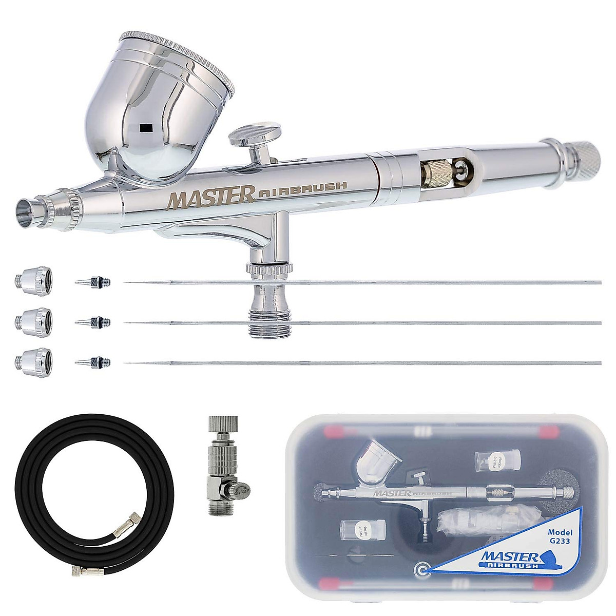 Master Airbrush Master Performance G233 Pro Set with 3 Nozzle Sets (0.2, 0.3 & 0.5mm Needles, Fluid Tips and Air Caps) and Air Hose - Dual-Action Gravity Feed Airbrush with 1/3 oz Cup, Cutaway Handle