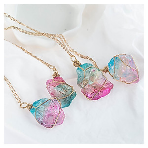 Obeon Natural irregularity Rainbow Stone Natural Crystal Rock Necklace Golden Chain Plated Quartz Pendant Unique Jewelry Gift (1PC) Multicolor