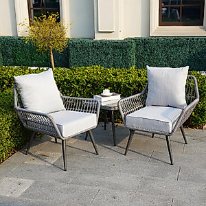 3 Piece Patio Furniture Set Small Outdoor Wicker Rattan Front Porch Bistro Chairs Conversation with Glass Table Grey Modern Contemporary Urban Rectangular Metal Polyester