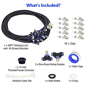 YuYo Misting Cooling System, 49FT Misting Line +16 Brass Mist Nozzles + 3/4" Brass Adapter Outdoor Mister for Patio Greenhouse Garden Gazebo Poolside Umbrella Trampoline