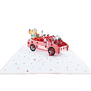 "Just Married" Pink Cadillac Wedding Car with Bride and Groom Pop Up Card for Marriage, Engagement, Anniversary, Valentines Day