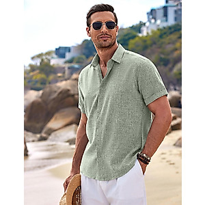 COOFANDY Men's Summer Beach Cotton Linen Short Sleeve Shirt Business Work Shirts Light Green