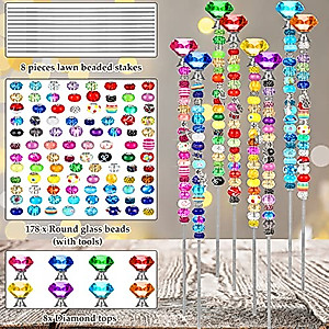 Beaded Garden Decor Includes 8 Pcs Beaded Stakes with Stopper Top Round Glass Bead Antique Silver Bail Bead with Pendant Silver Bead for Outdoor Decoration (Diamond Style)