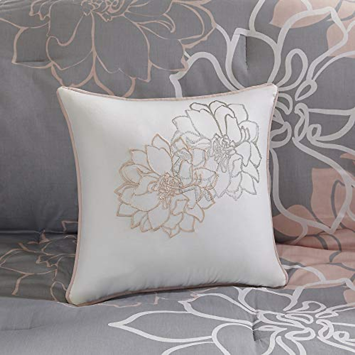 Madison Park Lola Sateen Cotton Comforter Set-Casual Medallion Floral Design All Season Down Alternative Bedding, Shams, Bedskirt, Decorative Pillows, Queen, Grey/Blush 7 Piece