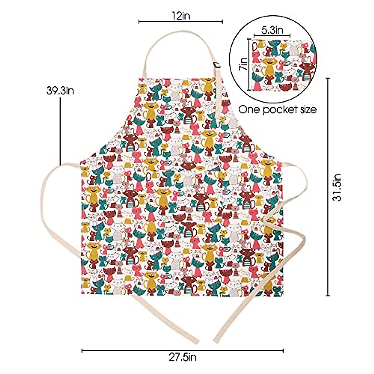 CRJHNS Cute Apron with 2 Pockets for Women, Adjustable Neck Strap and Long Waist Ties Cotton Cooking Baking Apron, Use as a Kitchen and Chef Apron, Artist or Garden Apron (Cat)