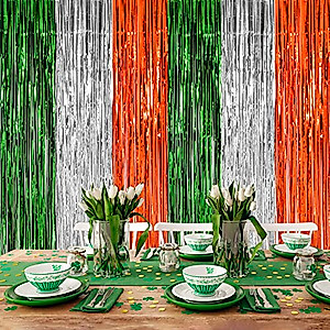 LOLStar 1 Pack St. Patrick's Day Foil Fringe Curtains St Patricks Day Party Decoration 3.3x8.2 ft Green White Orange Tinsel Fringe Curtain Photo Booth Prop Streamer Backdrop for Irish Party Decoration