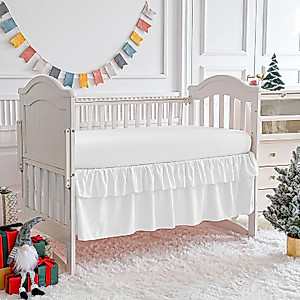 White Crib Bedding Set Tufted Dots Jacquard Baby Comforter with Fitted Sheet and Bed Skirt - Cute Embroidery Boho Shabby Chic Soft Blanket Pom Pom Tufts 3pc Crib Bed Set