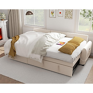 Ucloveria Sectional Sofa Couch, 87" Sleeper Sofa Bed with Reversible Storage Chaise Pull Out Couch for Living Room | Side Pocket | Charging Station | Removable Backrest | Linen Fabric, Beige