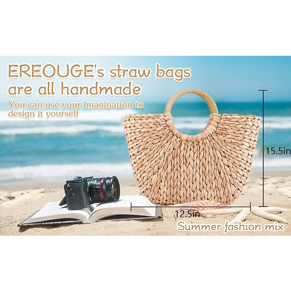 EROUGE Natural Chic Straw Bag Hand Woven Round Handle Handbags Retro Summer Beach Bag Beach Bag(Brown)