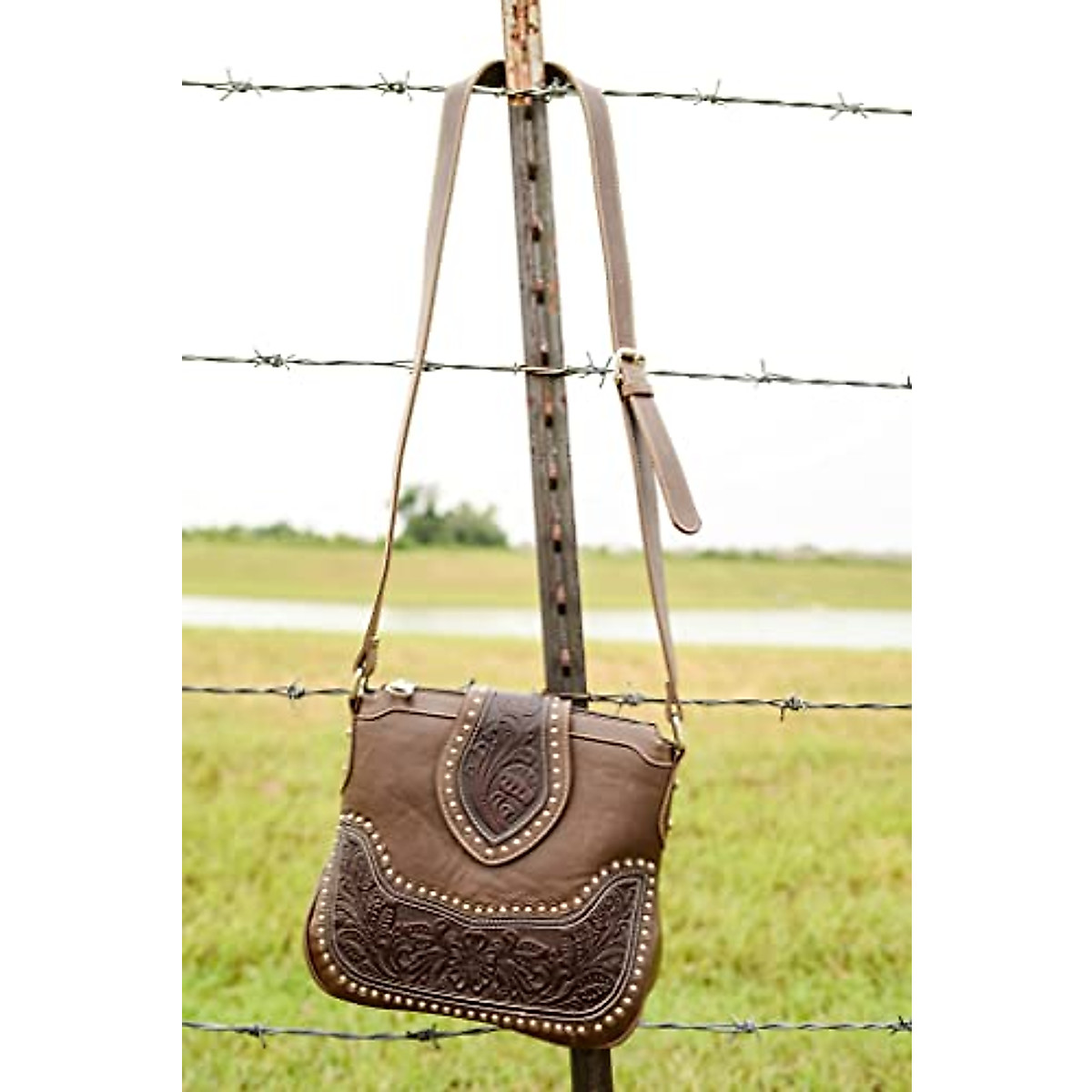 Concealed Carry Tooled Leather Crossbody Purse - Black