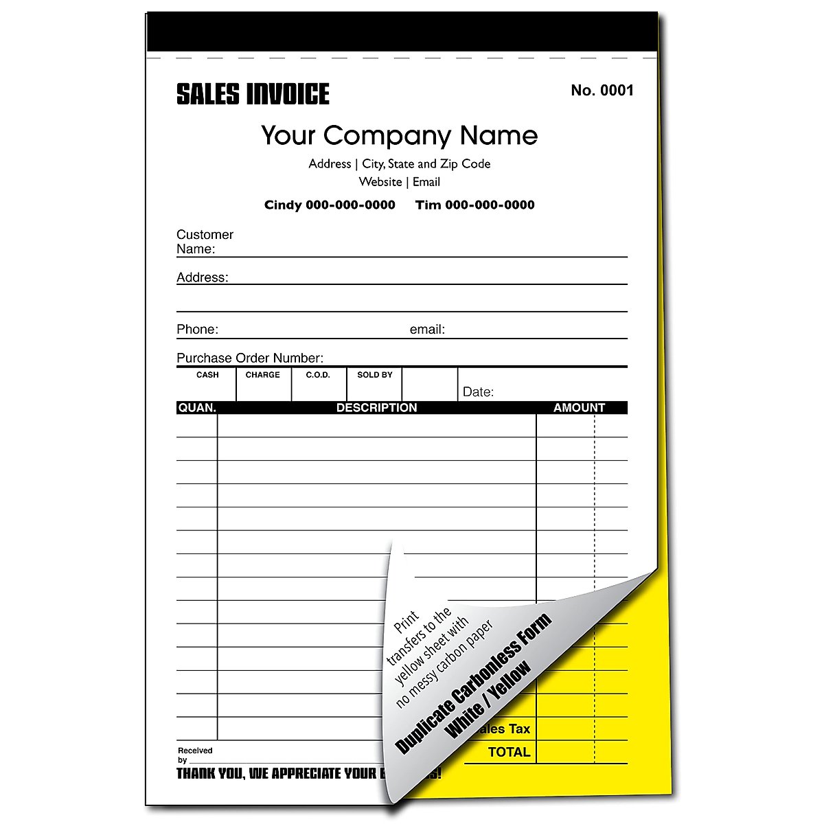 Custom Sales Invoice Personalized Duplicate Carbonless Form with Your Company Name - 2 Books (100 Sets) Numbered