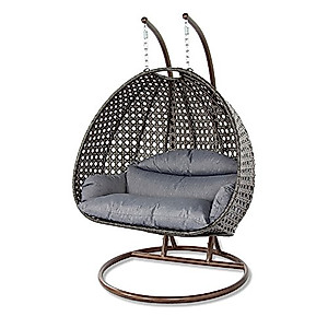 Deluxe Swing Chair Outdoor Furniture PE Rattan Wicker Hanging Hammock with Stand, Cushioned Loveseat Chaise Lounger, Perfect for Patio, Garden, Porch, Backyard, House, Indoor Decor (CHARCOAL)