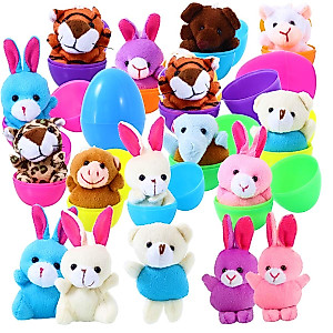 12 Pcs Easter Eggs Filled with Mini Plush Animals Toy Easter Basket Stuffers for Kids Easter Egg Hunt, Easter Party Favor