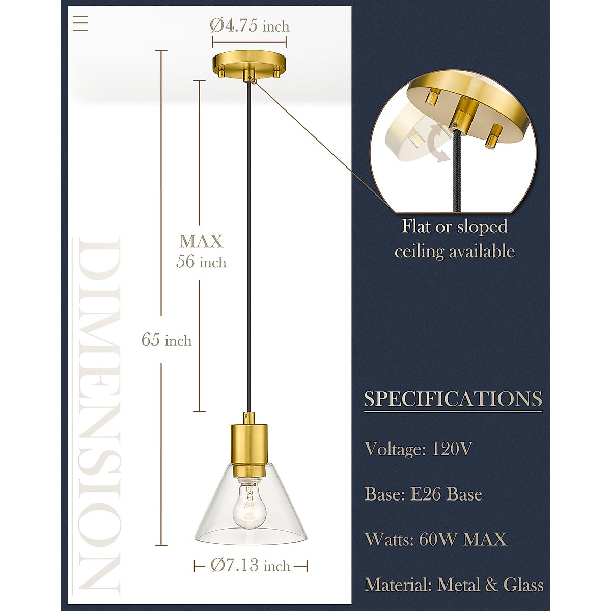 LMS 1-Light Gold Glass Pendant Light, Modern Kitchen Pendant Hanging Light with Clear Glass Shade in Gold Finish, LMS-103