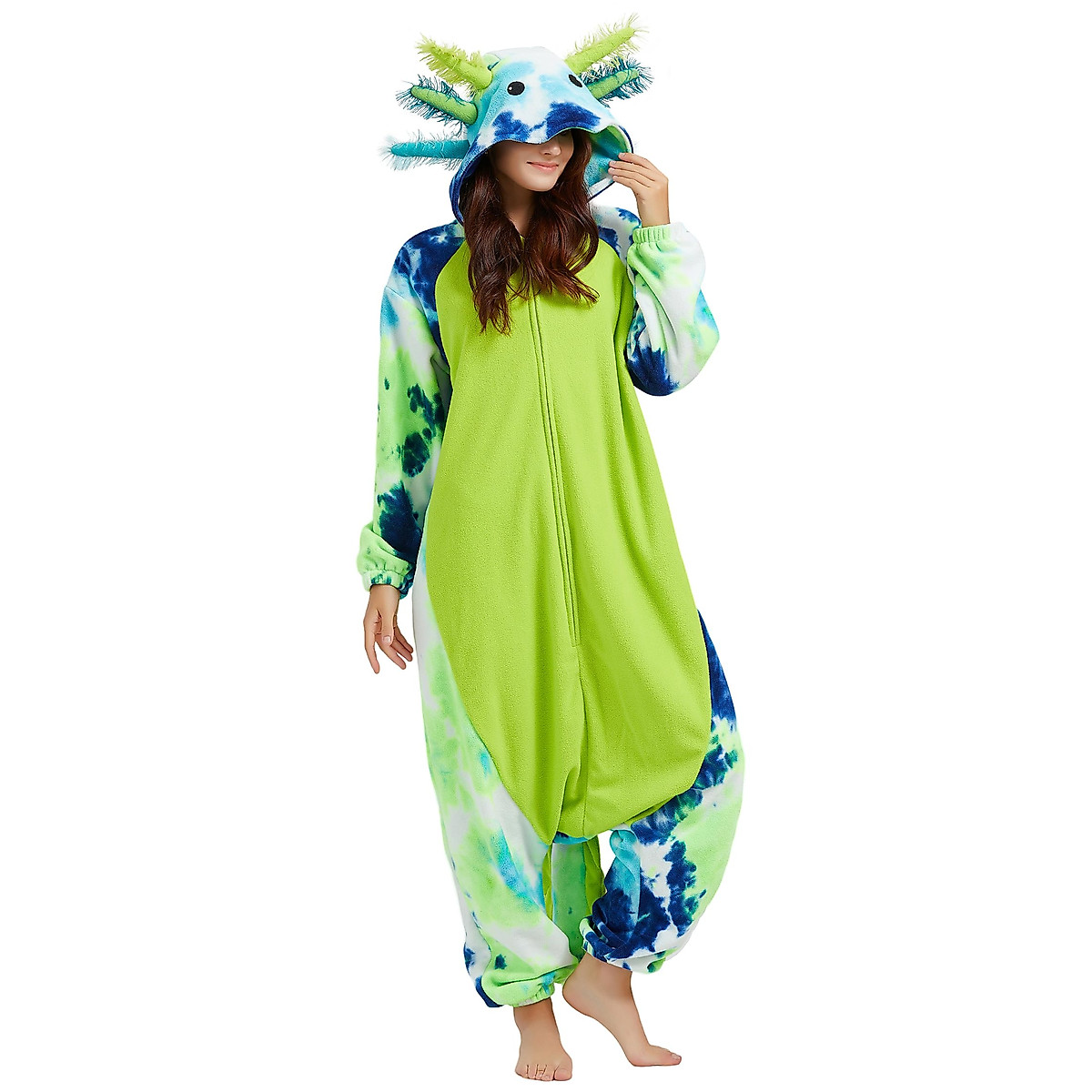 DELEY Unisex Tie Dye Green Axolotl Onesie Adult Halloween Pajamas Cosplay Animal Costume Plush Homewear Sleepwear Jumpsuit
