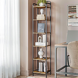 Hzuaneri Bookcase Bookshelf, Narrow Book Shelf, Industrial Corner Shelf Storage Organizer, Slim Shelving Unit for Home Office, Living Room, Bedroom, Kitchen, 6-Tier Rustic Brown and Black BC24601B