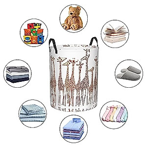 Cute Wild Cartoon Giraffes Printed Round Laundry Hamper,Collapsible Clothes Hamper Storage With Handle,Canvas Fabric Waterproof Storage Bin