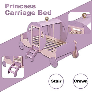 SOFTSEA Princess Twin Bed Frame, Wood Carriage Bed with Stairs, Purple+Pink, 88x55.9x59.1in, 112LBS, 300LBS Capacity, Includes Tools, for Girls