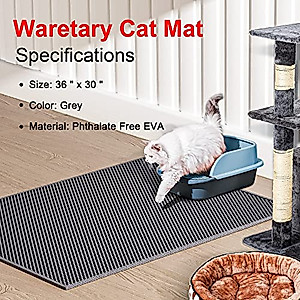 Waretary Cat Litter Mat 36"x 30", Kitty Pretty Litter Box Trapping Mat, Extra Large XL Honeycomb Double Scatter Control Layer Mat, Urine & Waterproof, Washable, Easy Clean, Phthalate Free (Grey)(1 Side Connected)