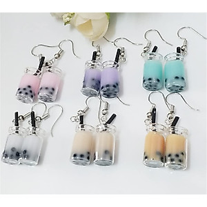6 Pairs Creative Unique Bubble Boba Tea Dangle Earrings Funny Personality Milk Tea Drink Earring Colorful Glass Bottle Funny Earrings for Women Party Jewelry Gifts (6 Color)