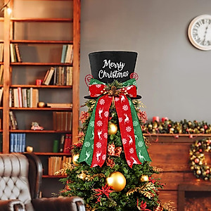 Christmas Tree Topper Decorations Gifts, Collapsible Black Velvet Hat with Plaid Red Green Bow Snowflake Elk Ribbon Merry Xmas Sign Handmade Ornaments Supplies Large Holiday Indoor Home Decor