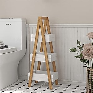 Bathroom Shelving Storage Rack with 3 Wooden Baskets White Mid-Century Modern Bamboo