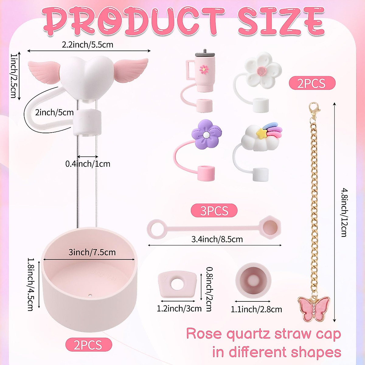 XLSXEXCL 18 Pcs Rose Quartz Cup Accessories for Stanley,Including 9 Pcs Silicone Spill Stopper for Stanley,5 Pcs Straw Cover Cap for Stanley,2 Pcs Charms and Bottom Protector for Stanley Cup 30&40Oz